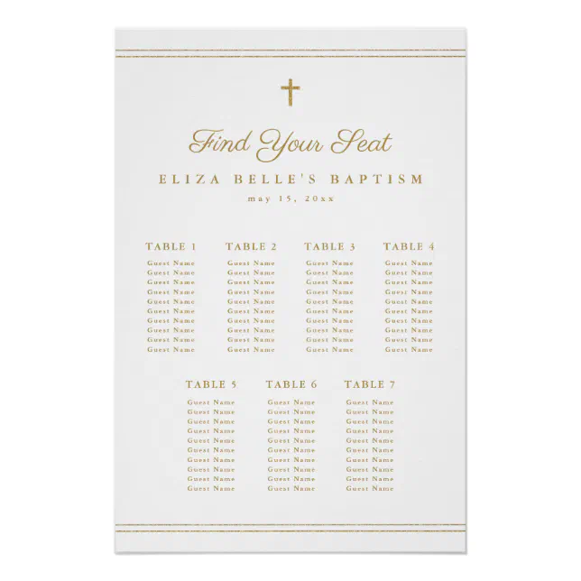 Elegant Gold Cross Religious Baptism Seating Chart | Zazzle