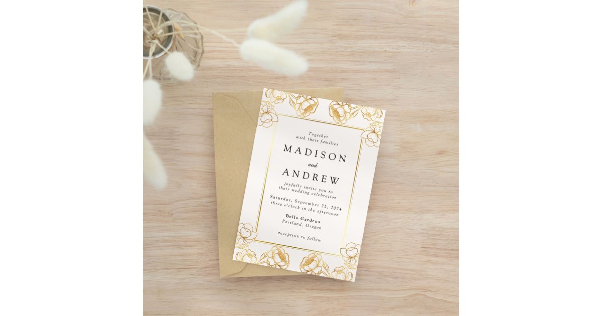 Elegant Gold Floral Frame Wedding Invitation | Zazzle