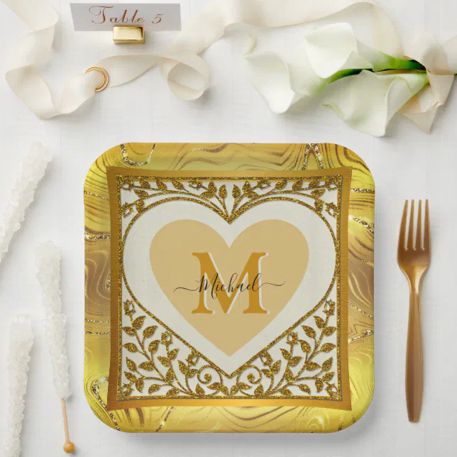 Elegant Gold Glitter Heart Initial & Name Paper Plate | Zazzle