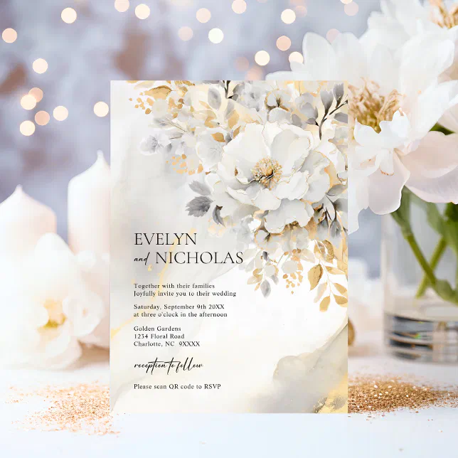 Elegant Gold Grey Gold Floral Wash QR code Invitation | Zazzle