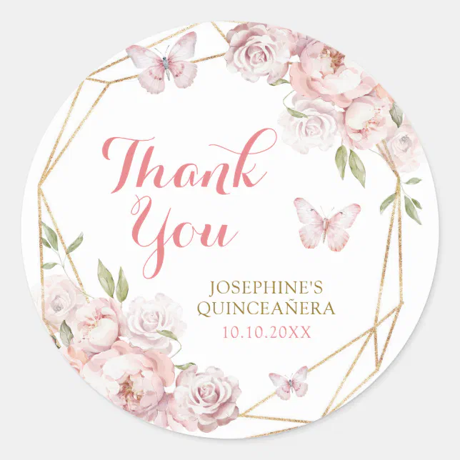 Elegant Gold Pink Floral Mis Quince Classic Round Sticker | Zazzle