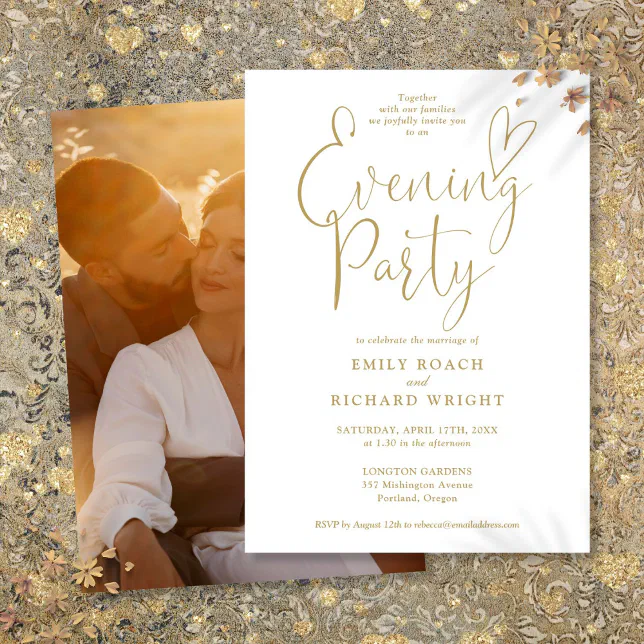 Elegant Gold Script Photo Wedding Evening Party Invitation | Zazzle