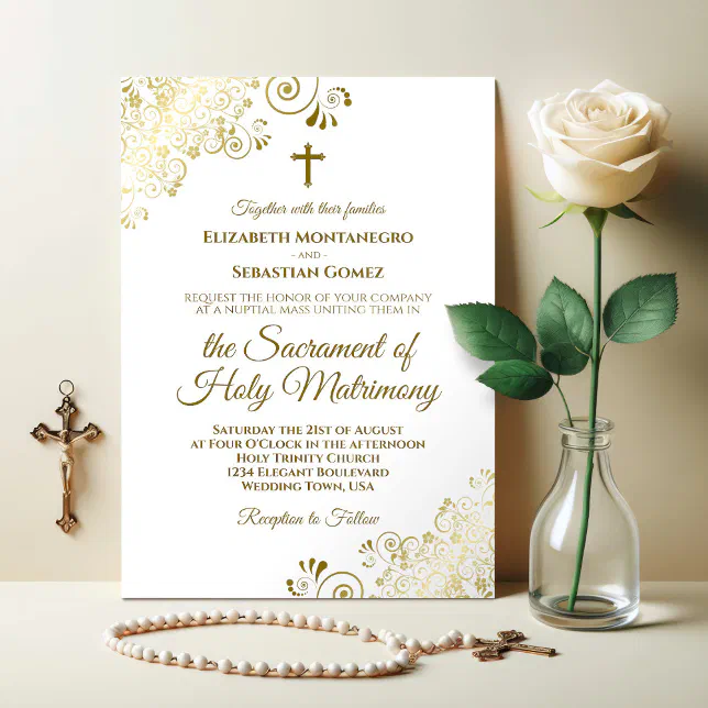 Elegant Gold & White Modern Catholic Wedding Invitation | Zazzle