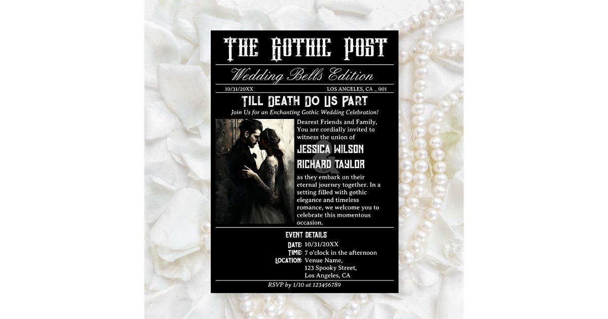 Elegant Gothic Newspaper Photo Black Wedding Invitation | Zazzle