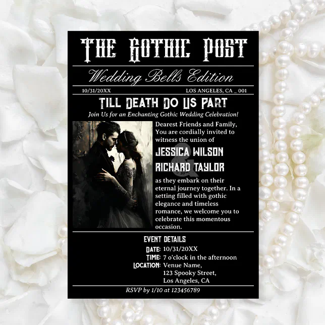 Elegant Gothic Newspaper Photo Black Wedding Invitation | Zazzle