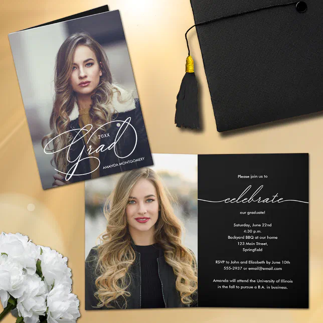 Elegant Grad Script Photo Graduation Folded Invitation | Zazzle