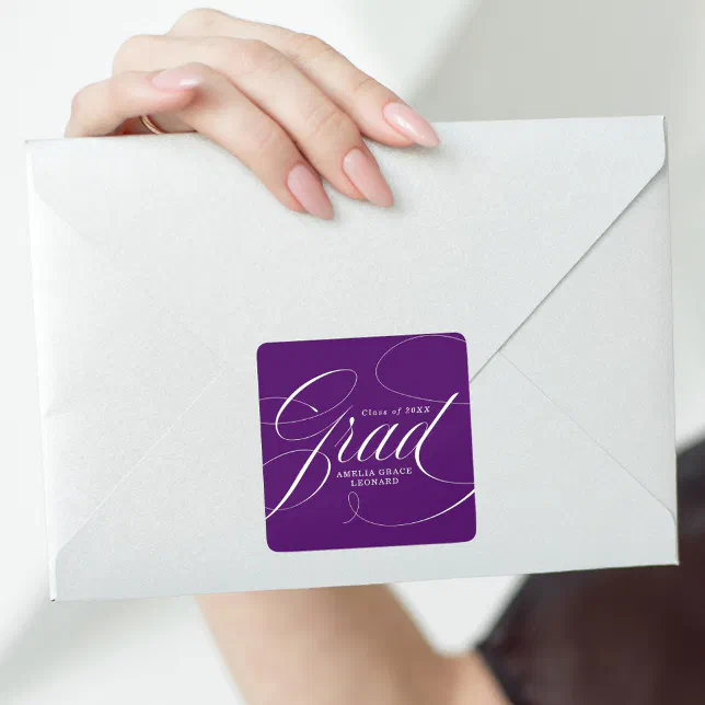 Elegant Grad Script Purple Graduation Square Sticker | Zazzle