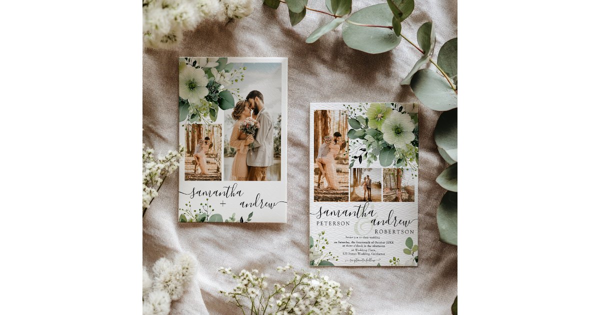 Elegant Greenery 5 Photo Collage Rustic Wedding Invitation | Zazzle