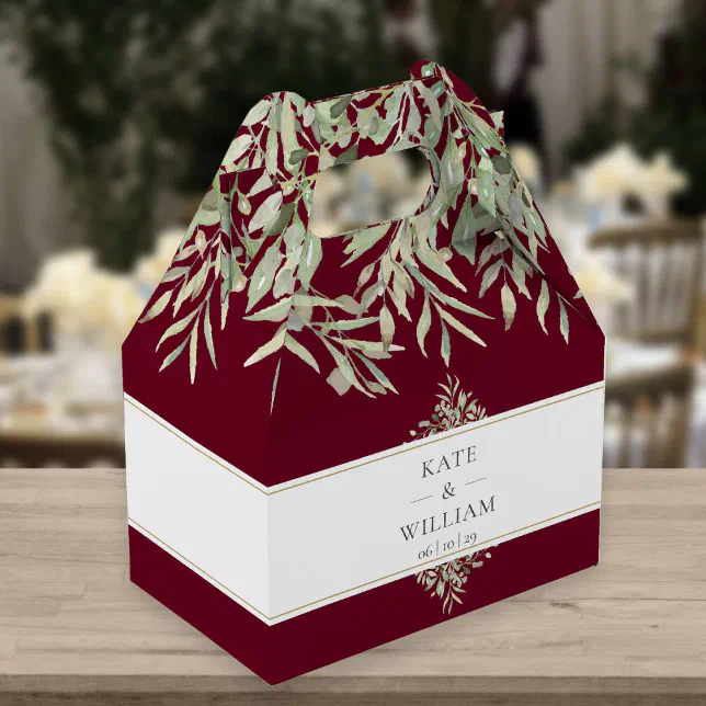 Elegant Greenery Burgundy Wedding Favour Box | Zazzle