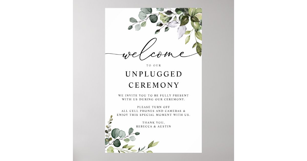 Elegant Greenery Wedding Unplugged Ceremony Poster | Zazzle