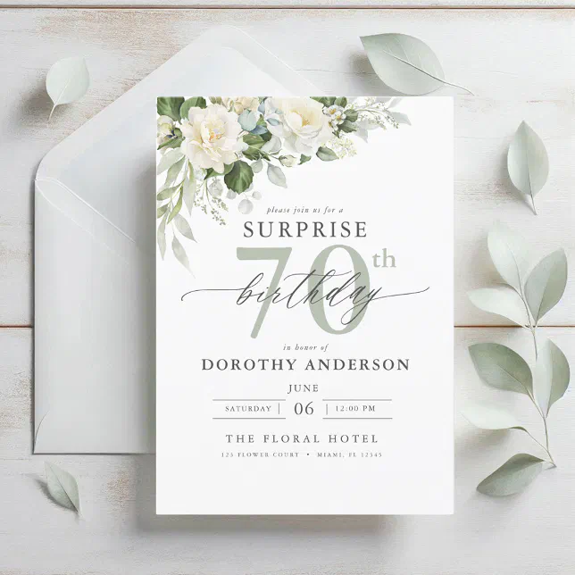 Elegant Grey Green Floral Surprise Birthday Invitation | Zazzle