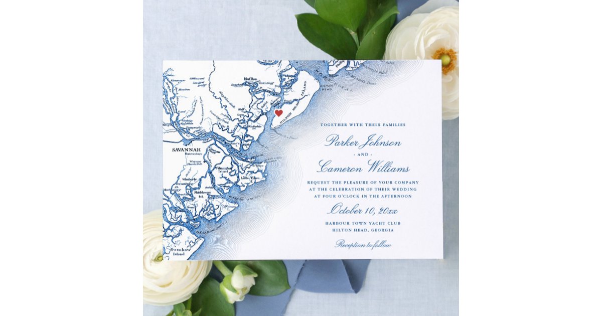 Elegant Hilton Head Island Map Navy Blue Wedding Invitation | Zazzle