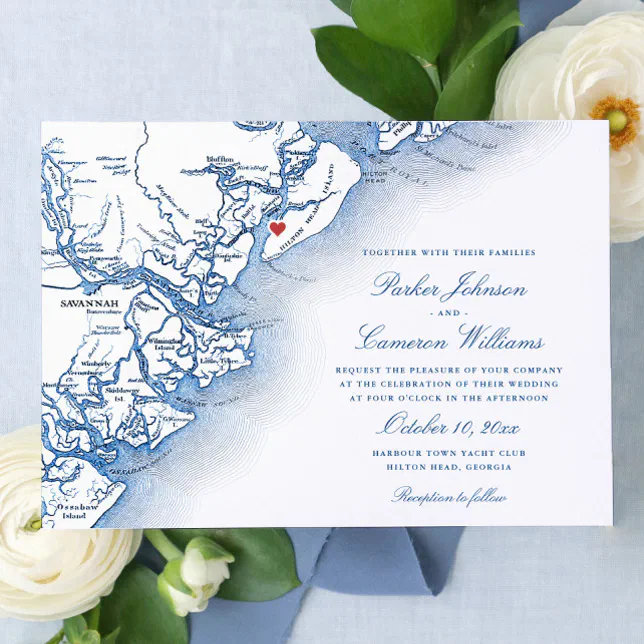 Elegant Hilton Head Island Map Navy Blue Wedding Invitation | Zazzle