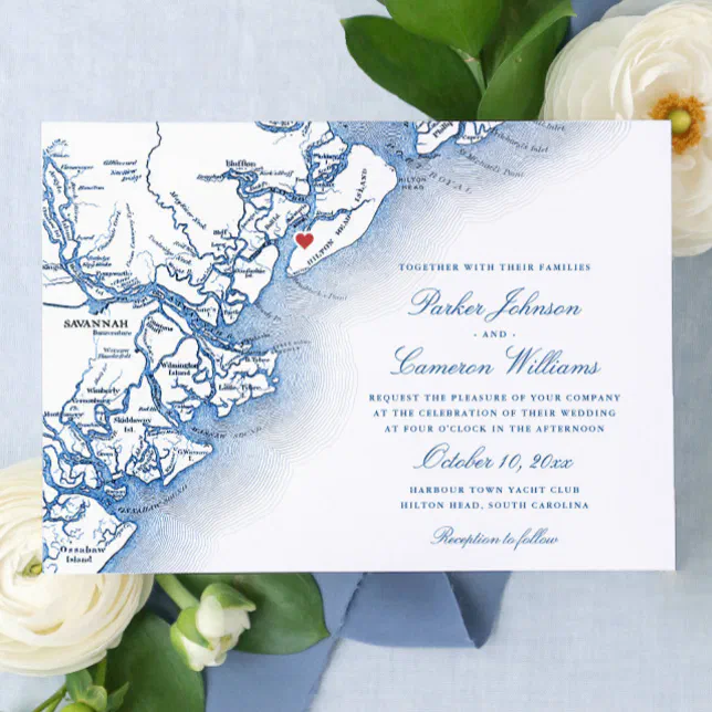 Elegant Hilton Head Island Map Navy Blue Wedding Invitation | Zazzle