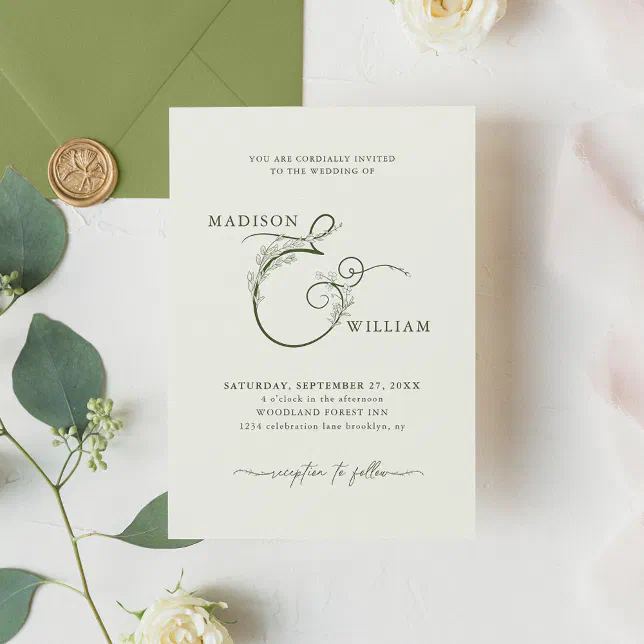 Elegant Ivory Moss Green Floral Ampersand Wedding Invitation | Zazzle