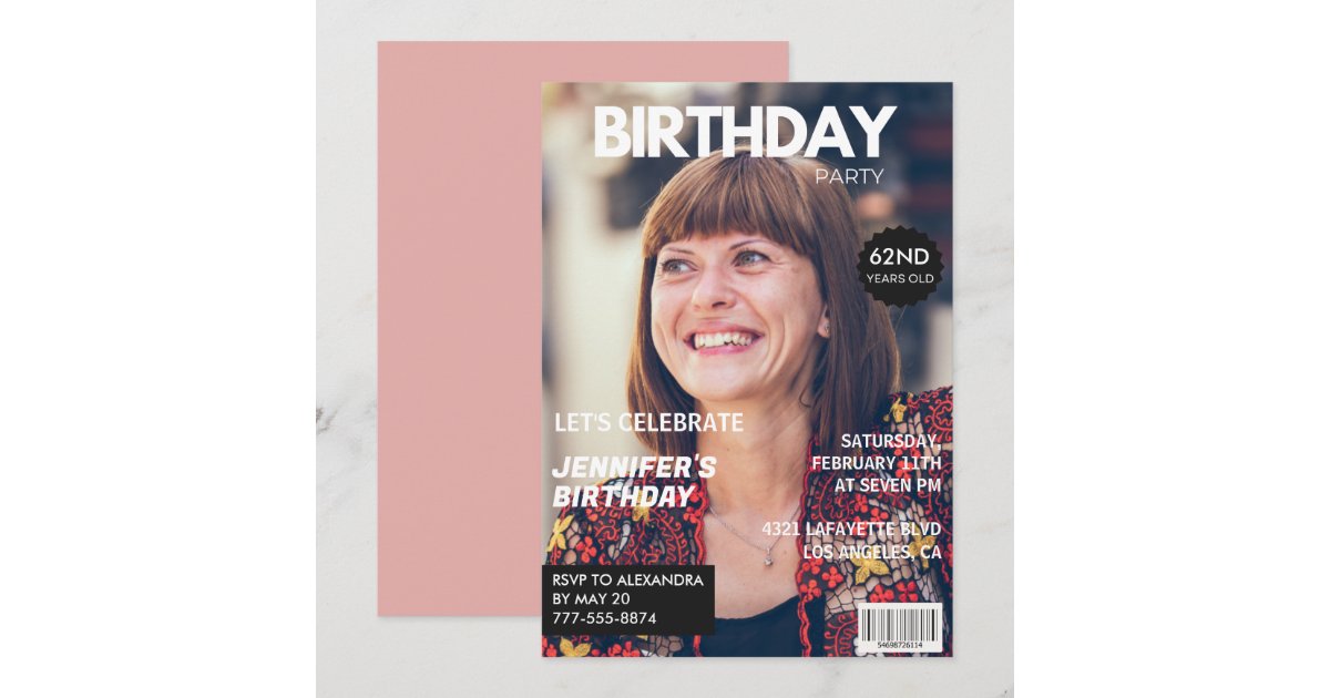 Elegant Luxury Magazine Photo 62nd birthday Invitation | Zazzle