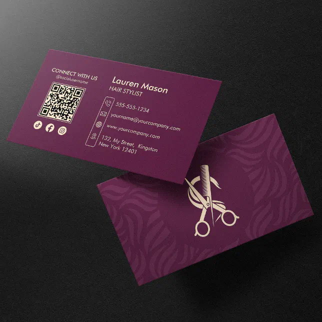 Elegant Maroon HairStylist Hair Dresser QR Code Business Card | Zazzle