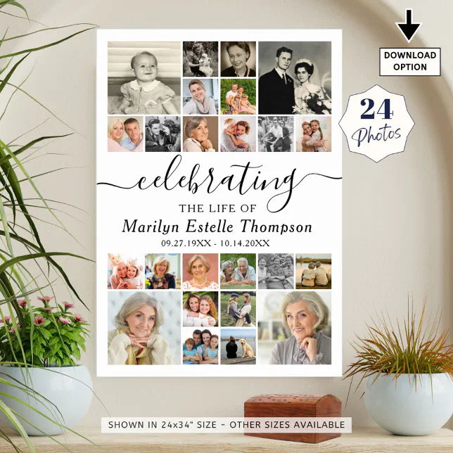 Elegant Memorial 24 Photo Celebrating Life Poster | Zazzle