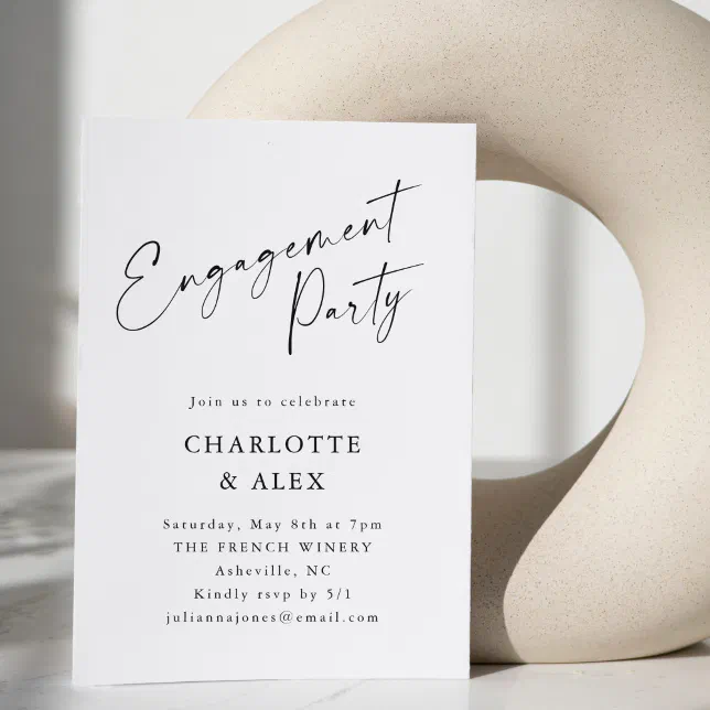 Elegant Minimalist Black Script Engagement Party Invitation | Zazzle