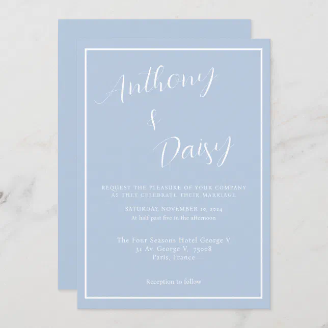 Elegant Minimalist Dusty Blue White Border Wedding Invitation | Zazzle