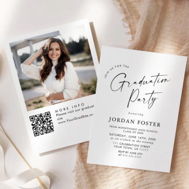 Elegant Minimalist PHOTO Graduation Party QR code Invitation | Zazzle