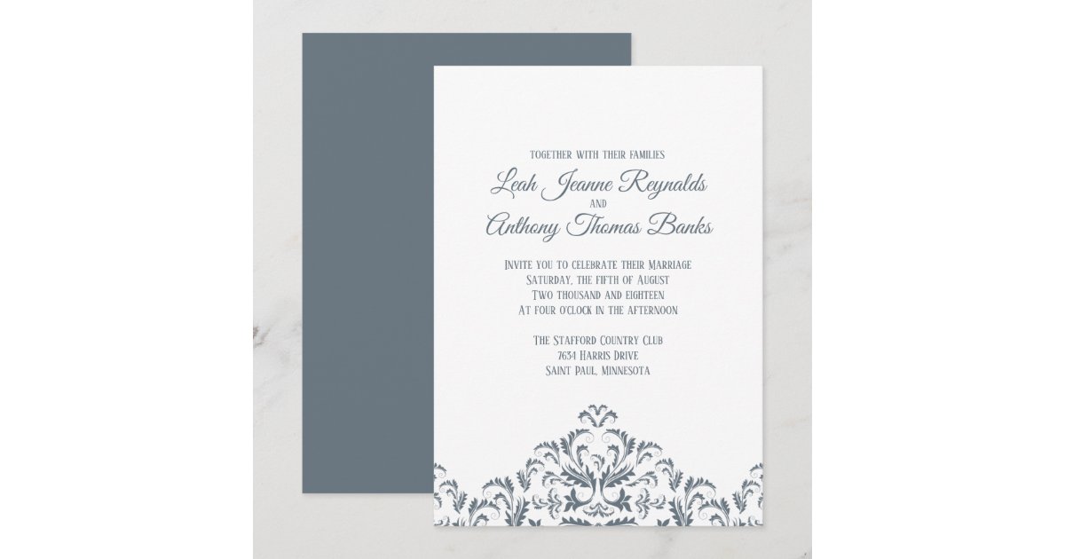 Elegant Modern Minimalist Dusty Blue Damask Invitation | Zazzle