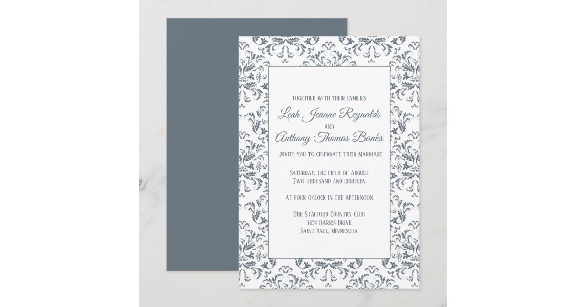 Elegant Modern Minimalist Dusty Blue Damask Invitation | Zazzle