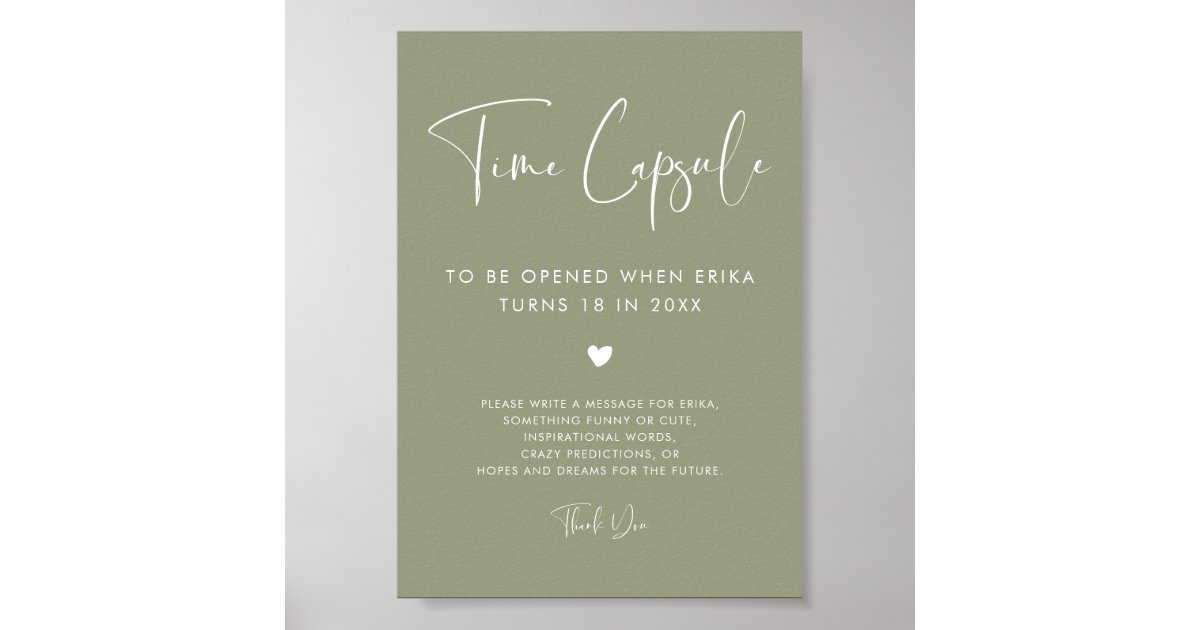 Elegant Modern Sage Time capsule 1st Birthday sign | Zazzle