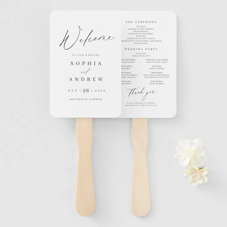 Elegant modern script minimalist wedding program hand fan | Zazzle