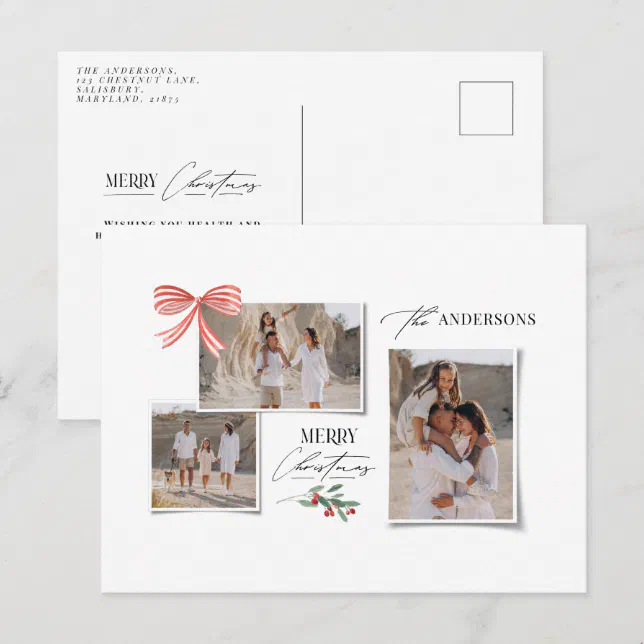 Elegant modern traditional red bow multi photo holiday postcard | Zazzle