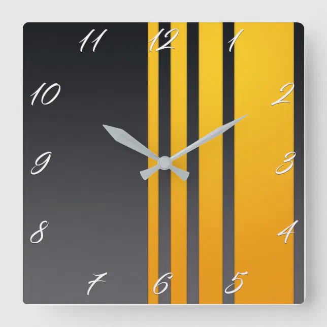 Elegant, modern, vertical yellow lines, dark grey square wall clock ...