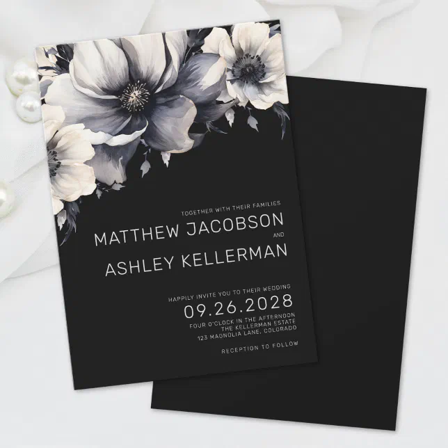 Elegant Modern White Black Floral Wedding Invitation | Zazzle
