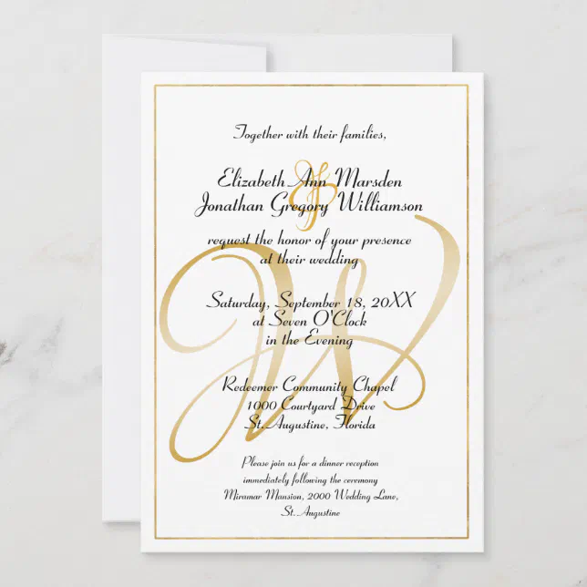 Elegant Monogram Gold Script Calligraphy Wedding Invitation | Zazzle