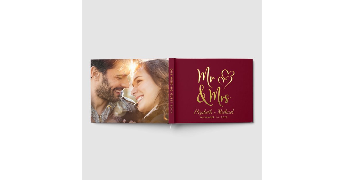 Elegant Mr Mrs Photo Burgundy Wedding Guest Book | Zazzle