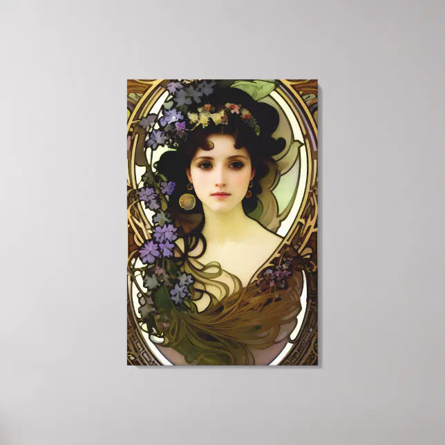 Elegant Mucha Style Portrait of a Beautiful Woman Canvas Print | Zazzle
