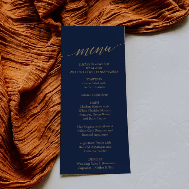 Elegant Navy and Flat Gold Calligraphy Dinner Menu | Zazzle