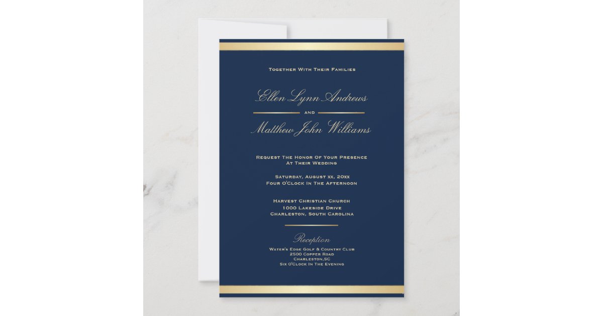 Elegant Navy Blue and Gold Trim Wedding Invitation | Zazzle