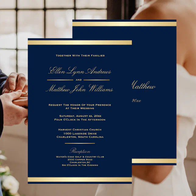 Elegant Navy Blue and Gold Trim Wedding Invitation | Zazzle