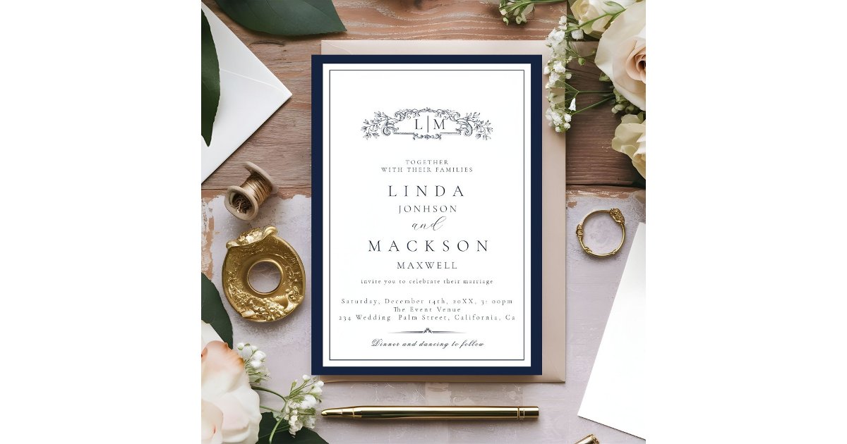 Elegant Navy blue Crest Monogram Wedding Invitation | Zazzle