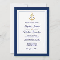 Elegant Navy Blue White Gold Nautical Wedding Invitation