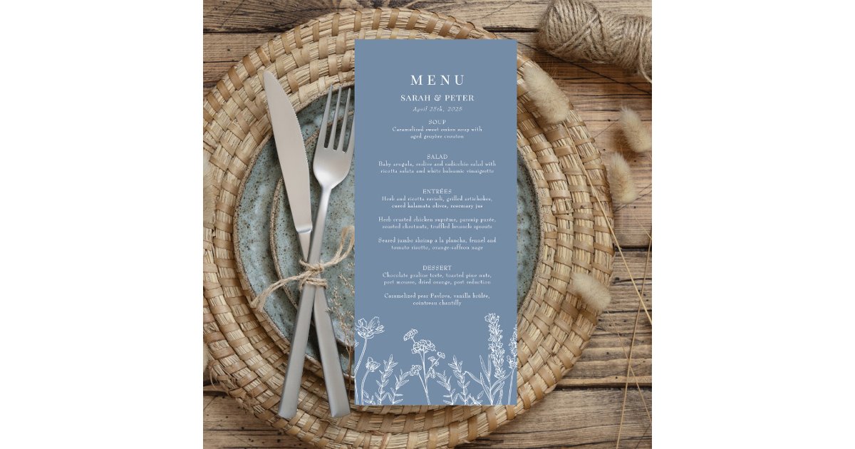 Elegant Periwinkle Wildflower Wedding Menu | Zazzle
