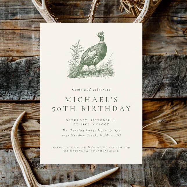 Elegant Pheasant Hunting Green Adult Birthday Invitation | Zazzle