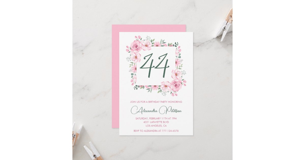 Elegant Pink Floral Watercolor 44th birthday Invitation | Zazzle