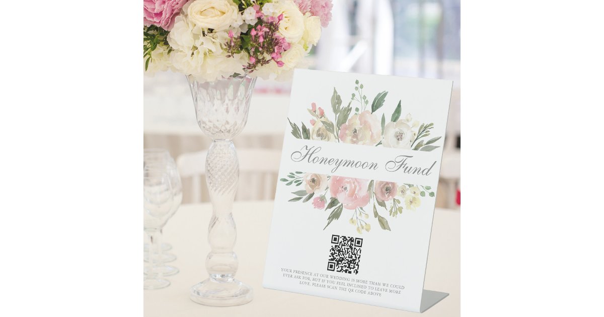 Elegant Pink Floral Wedding Honeymoon Fund QR Code Pedestal Sign | Zazzle