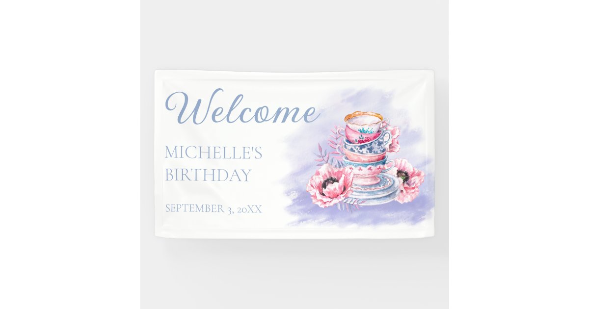 Elegant Pink Purple Tea Party Birthday Welcome Banner | Zazzle