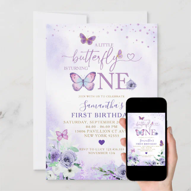 Elegant Purple Butterfly is Turning One Birthday Invitation | Zazzle