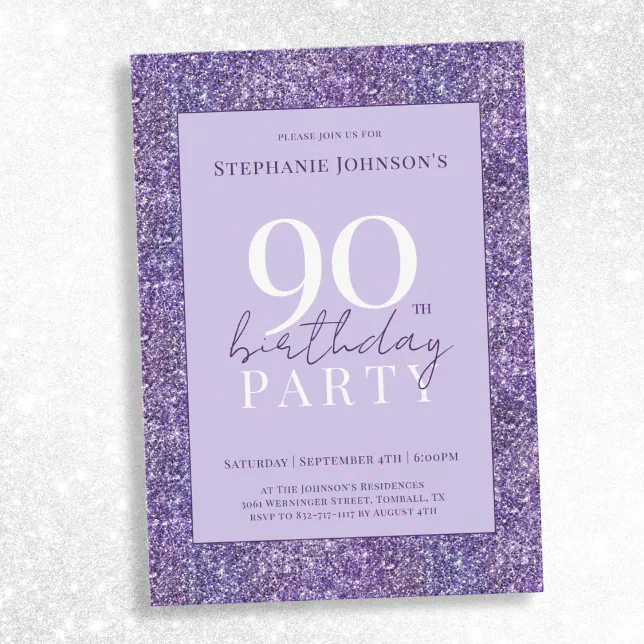 Elegant Purple Glitter 90th Birthday Party Invitation | Zazzle
