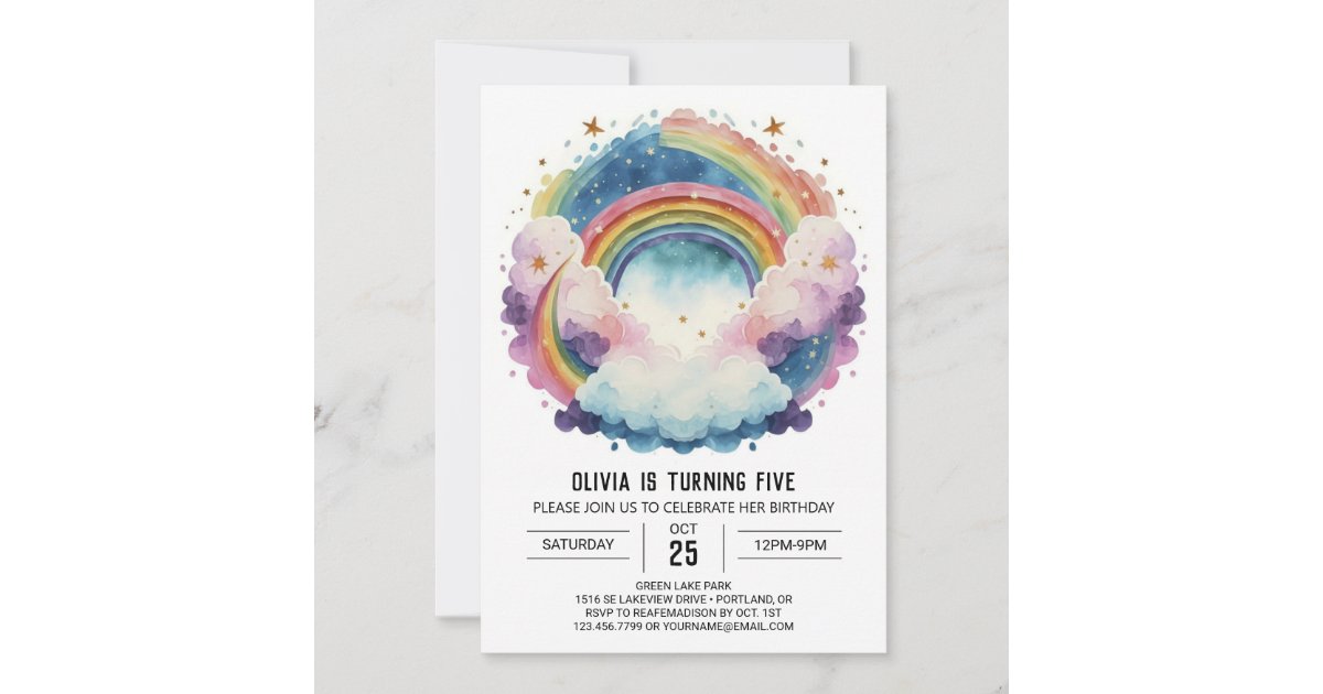Elegant Rainbow Clouds Birthday Invitation | Zazzle