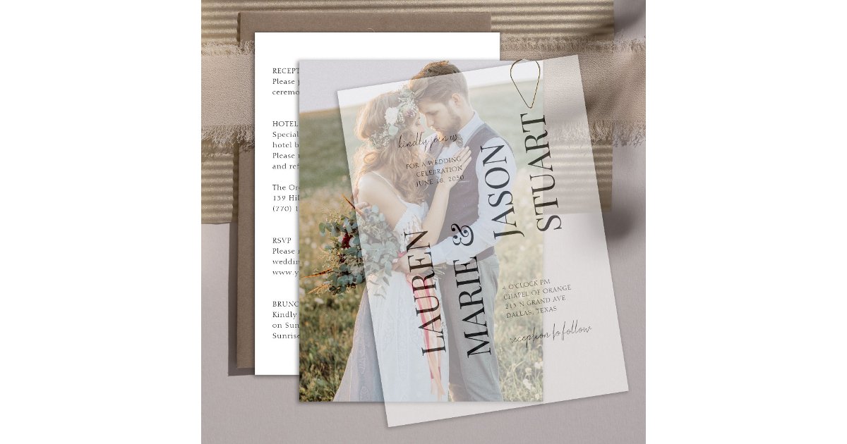 Elegant Real Vellum Overlay Simple Photo Wedding Invitation | Zazzle