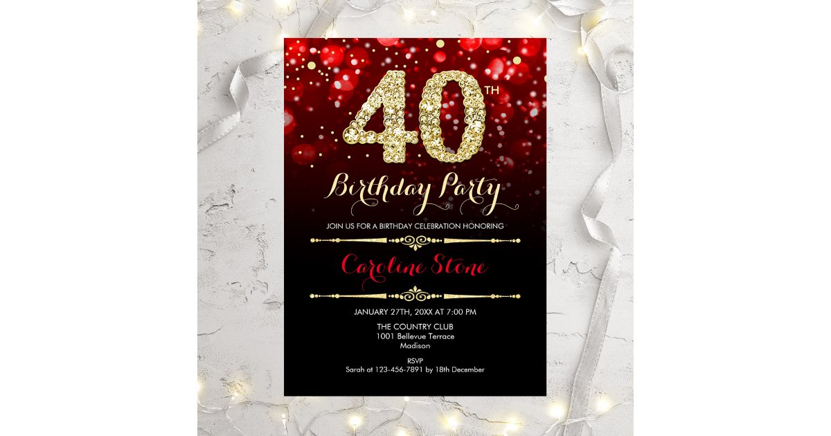 Elegant Red Black Gold 40th Birthday Invitation | Zazzle